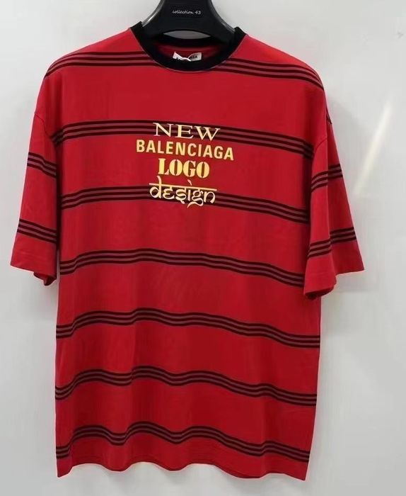 Balenciaga Balenciaga Red Striped Slogan Pattern New Logo Short Sleeve ...