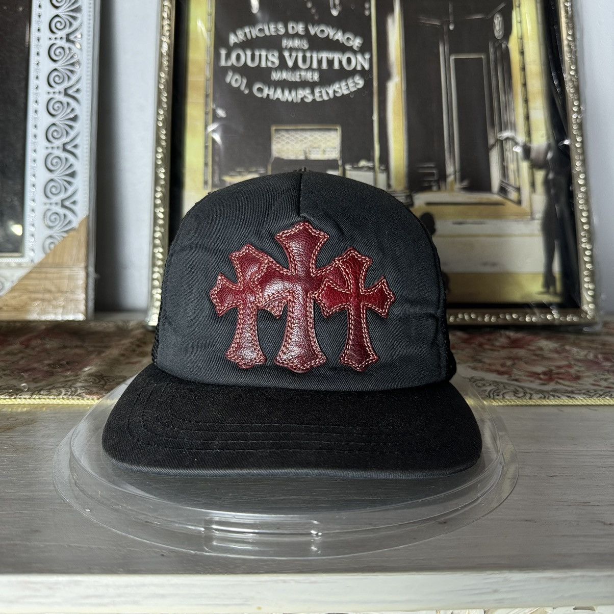 Chrome Hearts Chrome Hearts Red Leather Triple Cemetery Cross Trucker ...