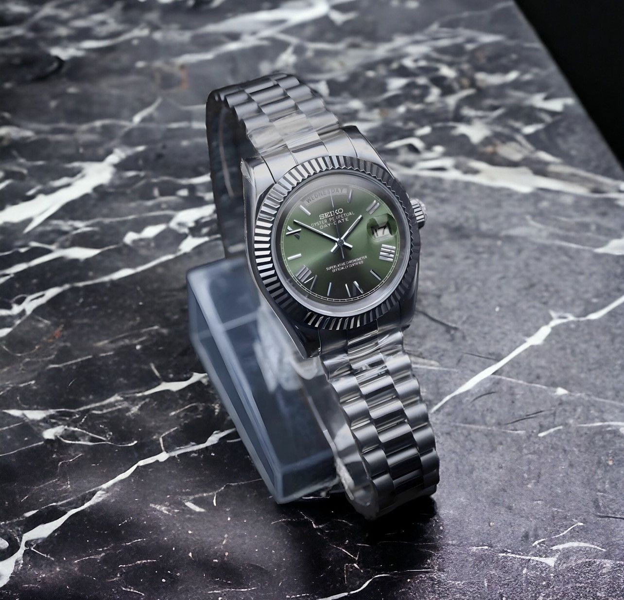 Japanese Brand × Seiko Seiko Mod Day-Date Olive Roman Dial Steel ...