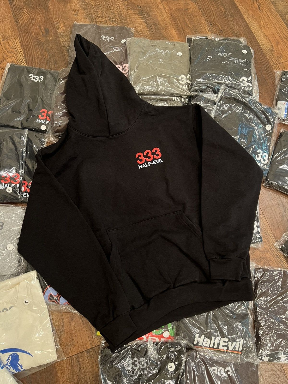 Half Evil Half evil 333 blue & red print black hoodie | Grailed