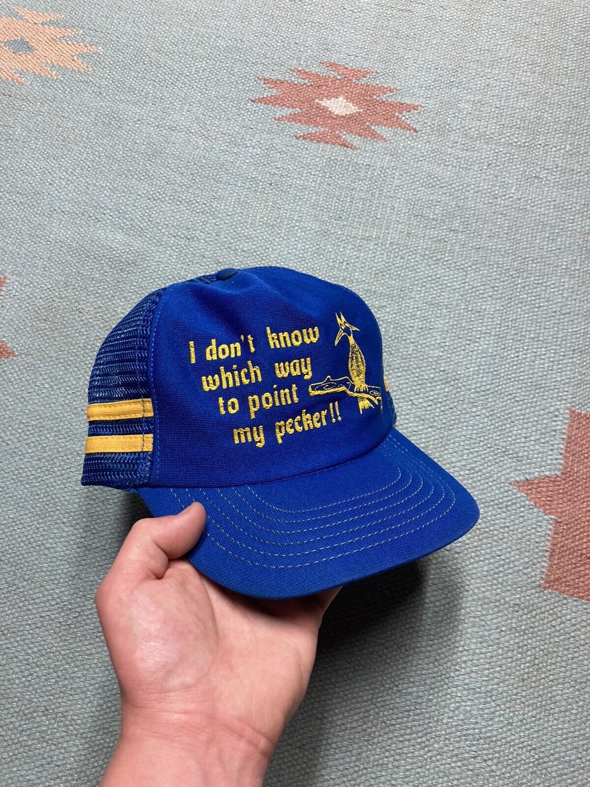 Vintage VTG 80s trucker hat 2 stripe which way point my pecker funny ...