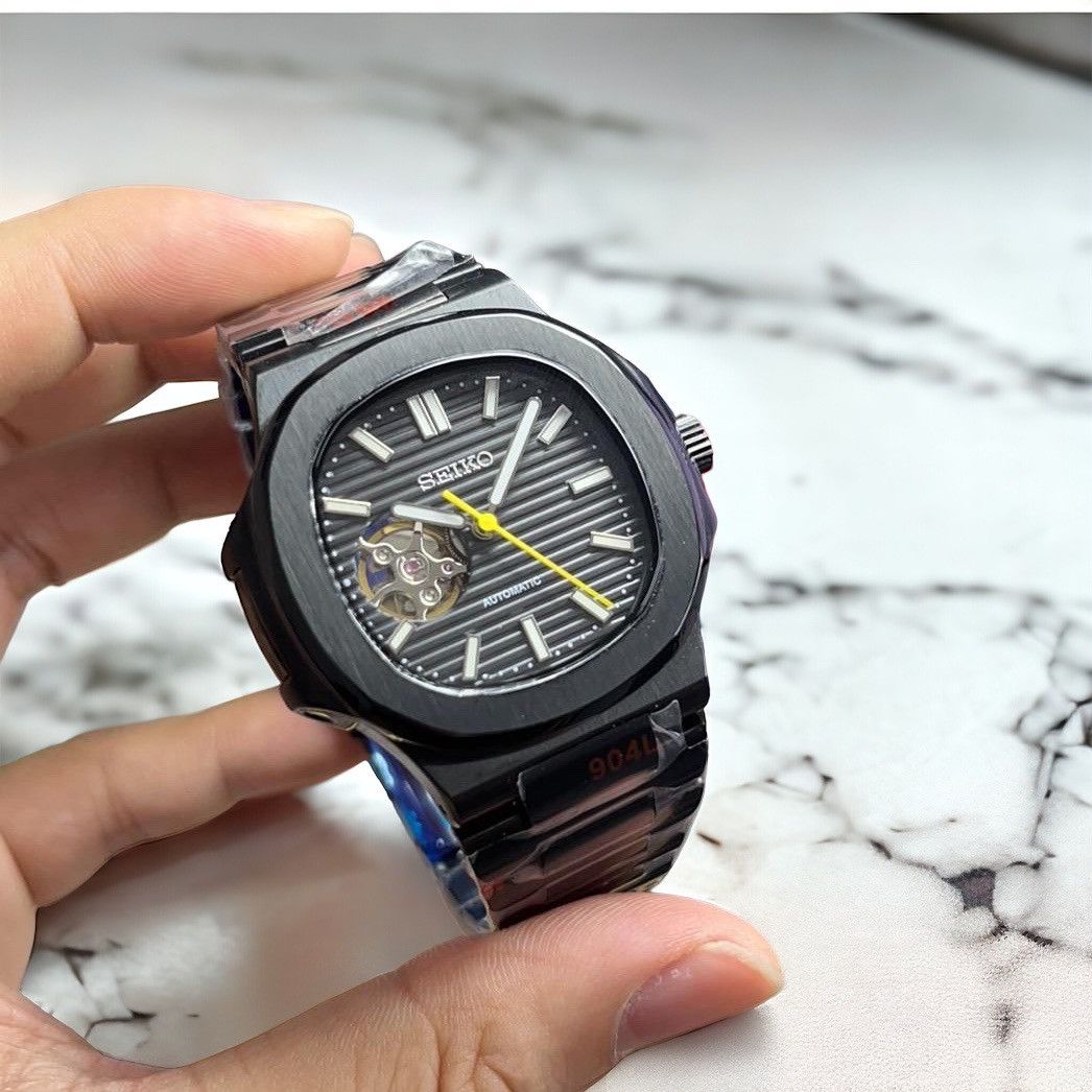 Japanese Brand × Seiko Seiko Mod Nautilus Open Heart Black Steel ...