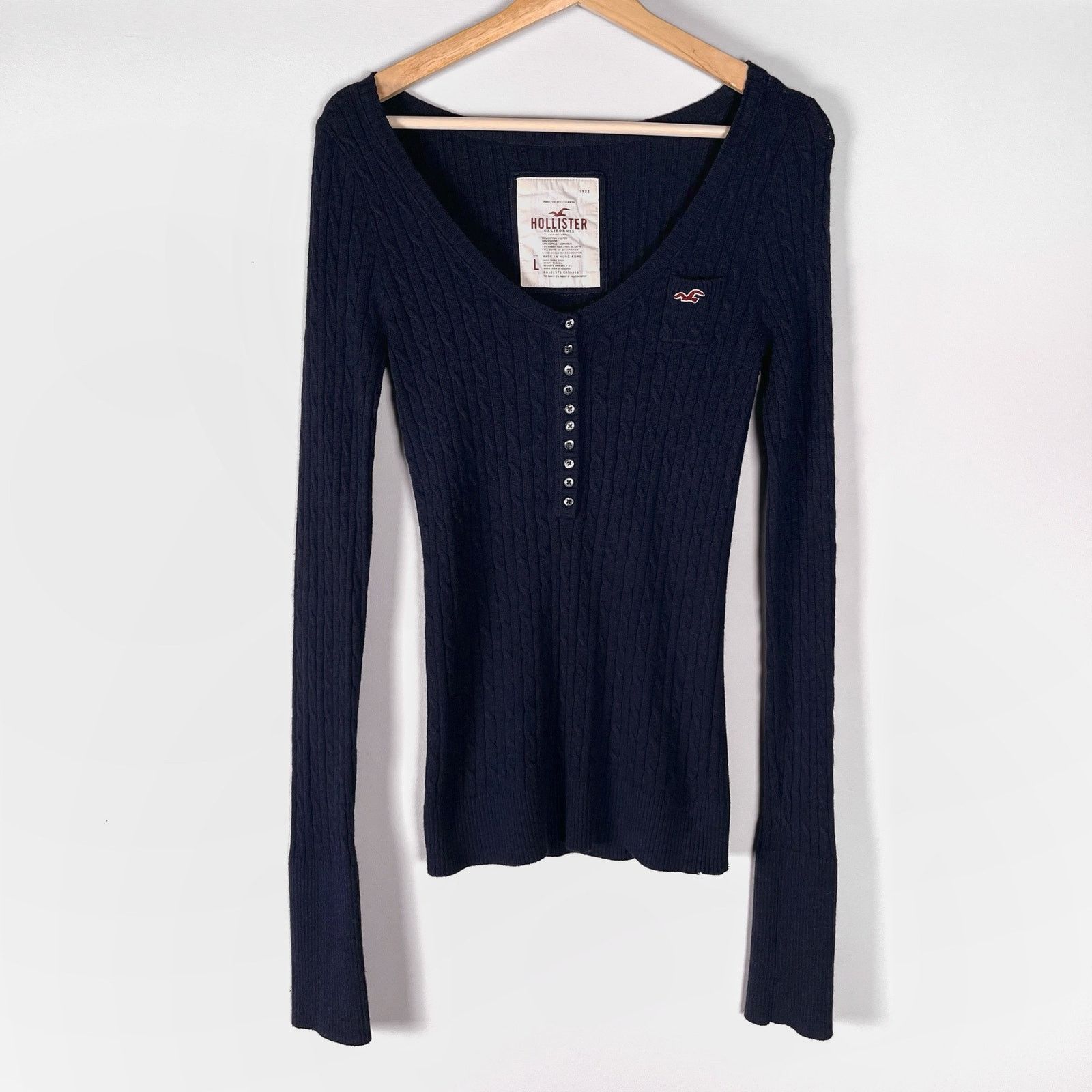 Vintage Y2K Hollister Blue Long Sleeve Cable Knit Henley Sweater | Grailed