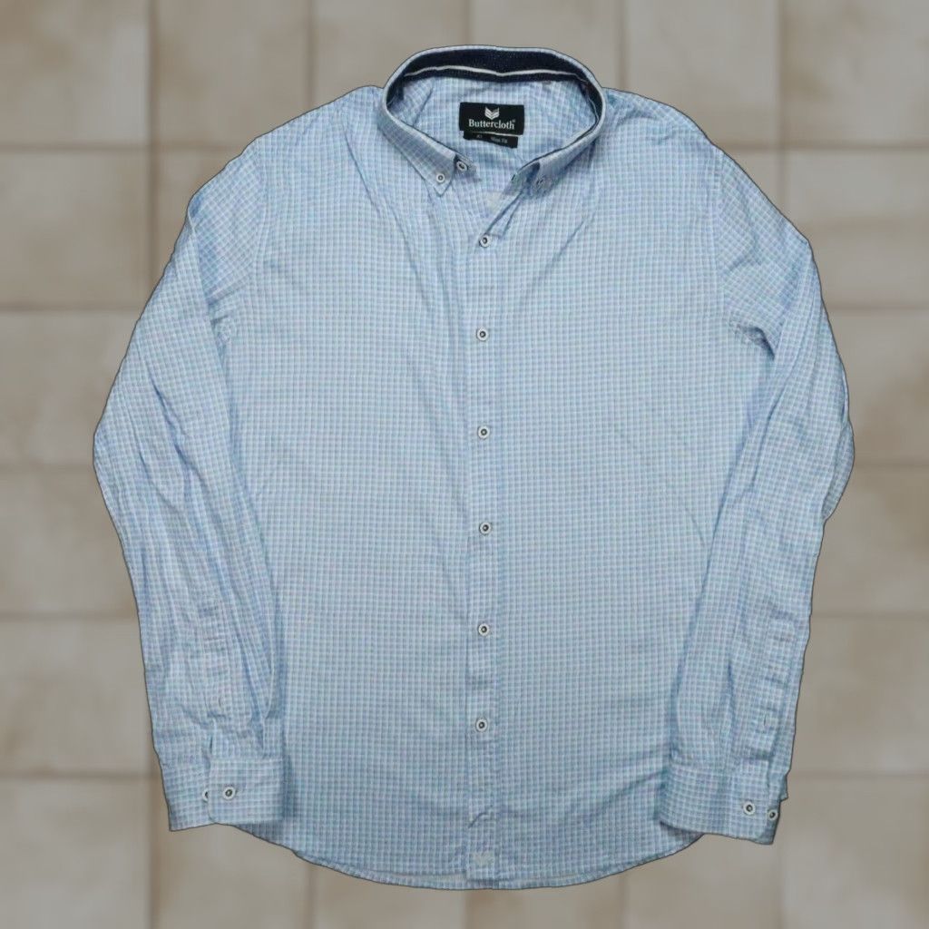 Vintage Mens Extra Large Slim Fit Blue Long Sleeve Buttercloth Check ...