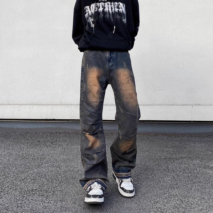 Streetwear Gradient Pleated Stack Denim Jeans | Grailed