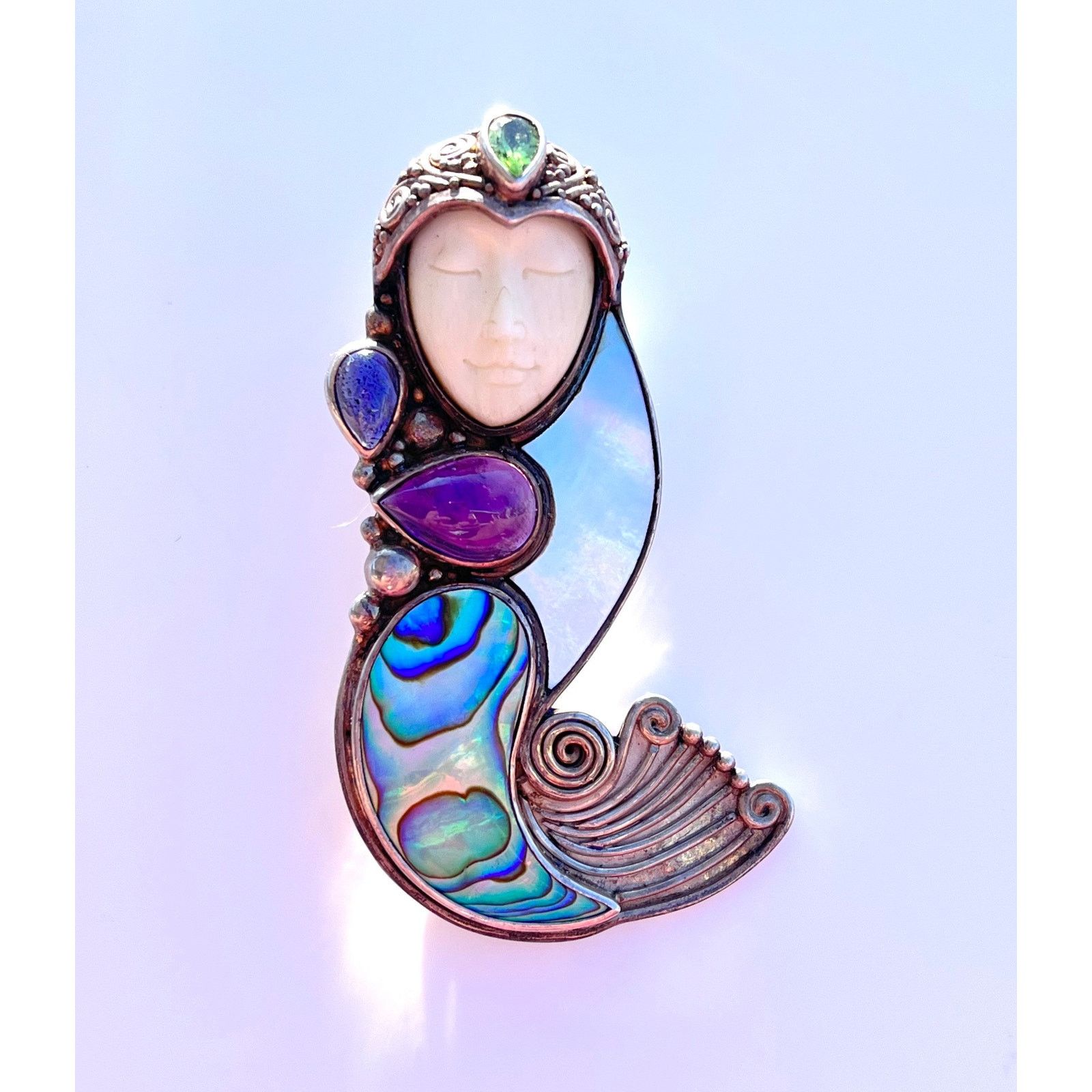 Designer 925 Sajen Bali Mermaid Goddess PIN / PENDANT Multi Gemstone ...