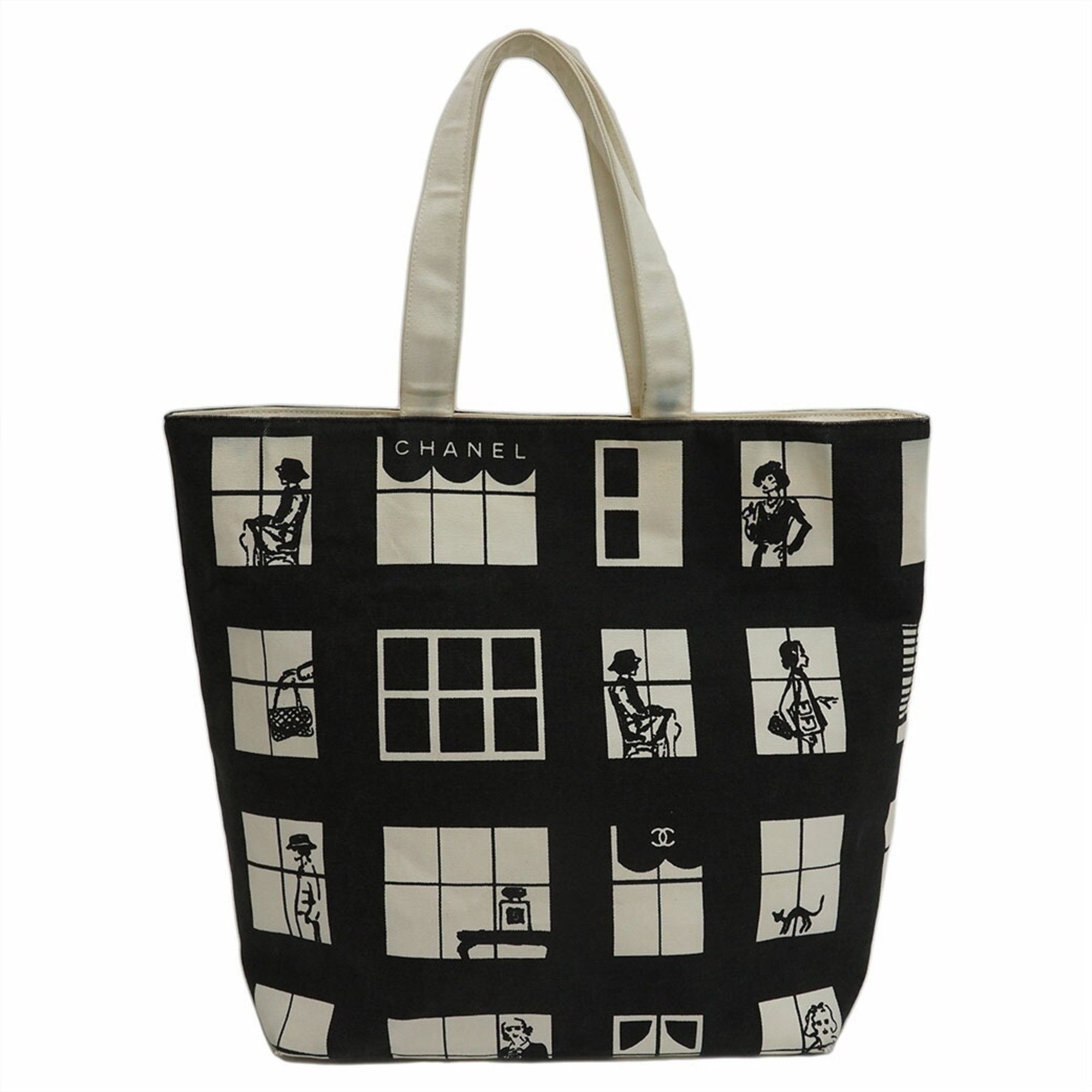 Chanel CHANEL Windows Line Canvas Tote Bag Black White Ladies ...