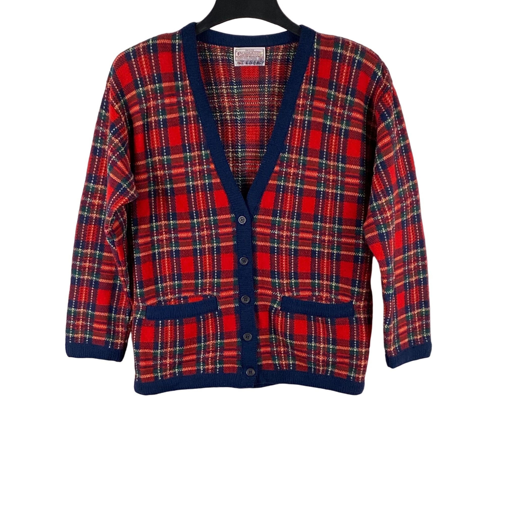 Pendleton Vtg Pendleton 100% Virgin Wool Red Plaid Cardigan Sweater Me ...