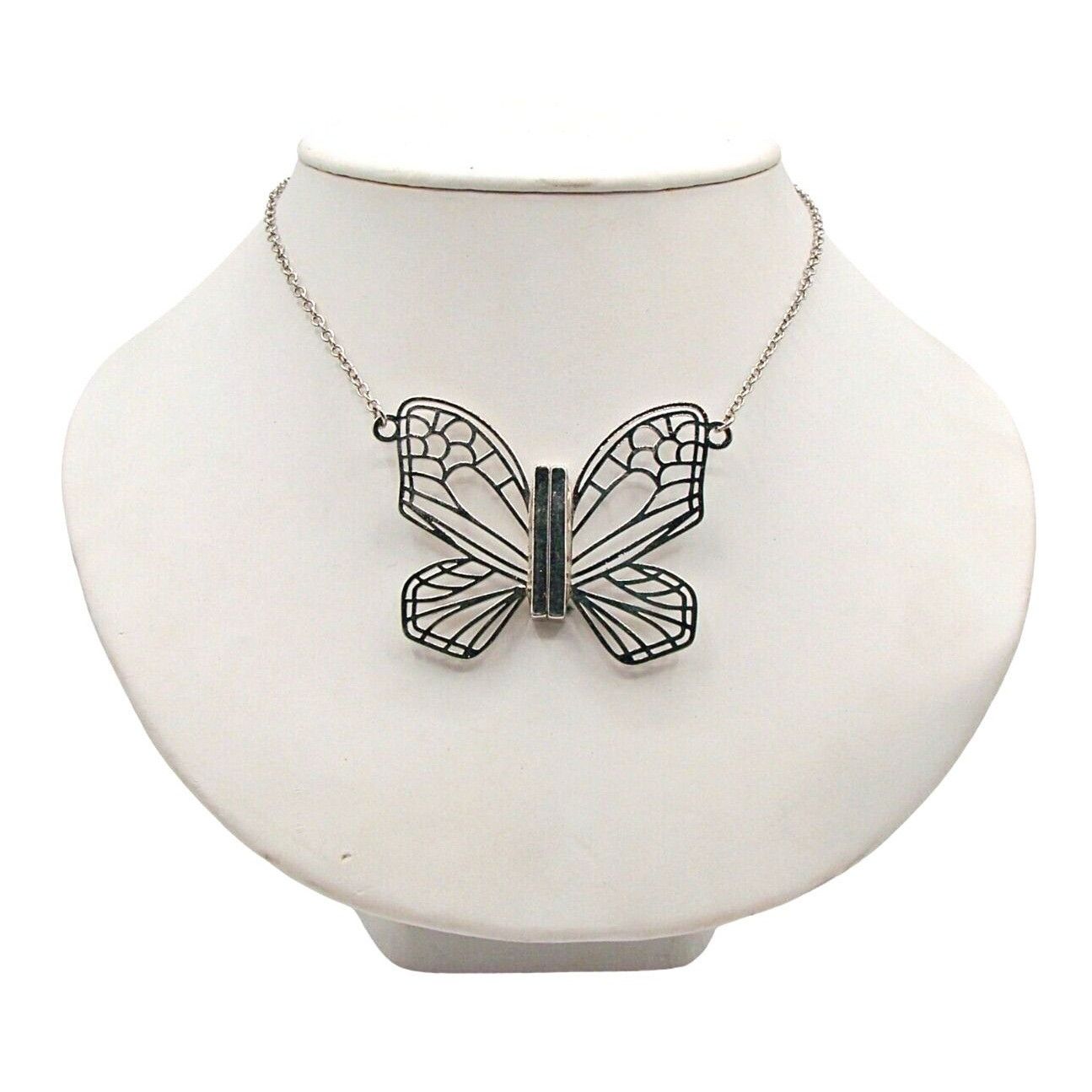 Vintage Magnetic Open Work Butterfly Necklace Silver Tone Intricate ...