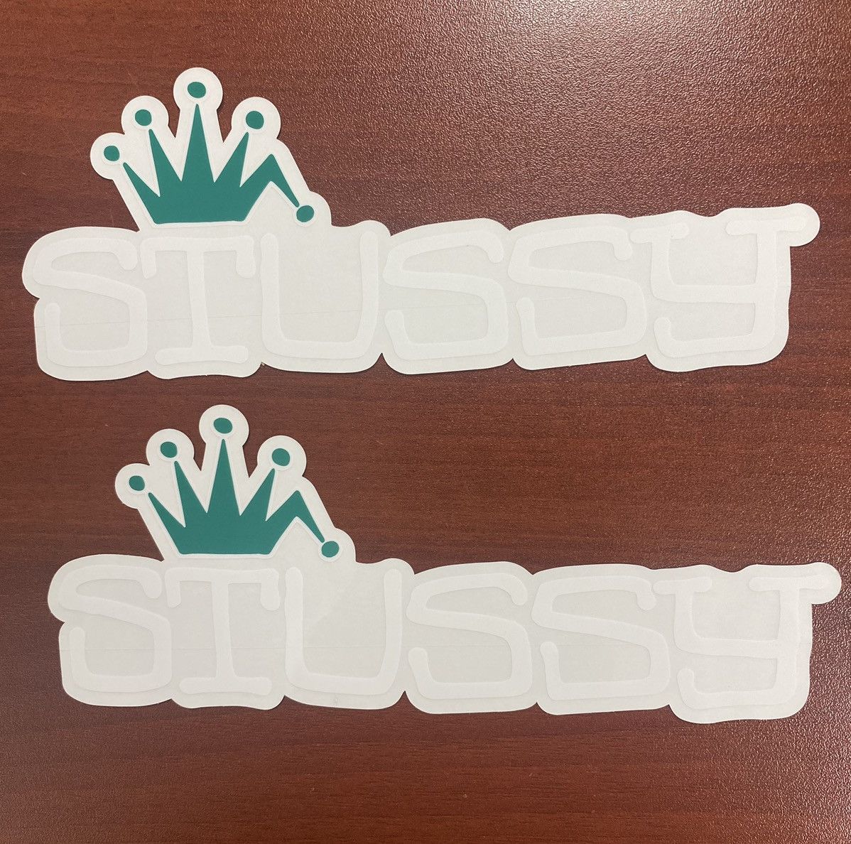 Stussy Set of 2 Large Green Crown Stussy Cursive Stickers 8” | Grailed