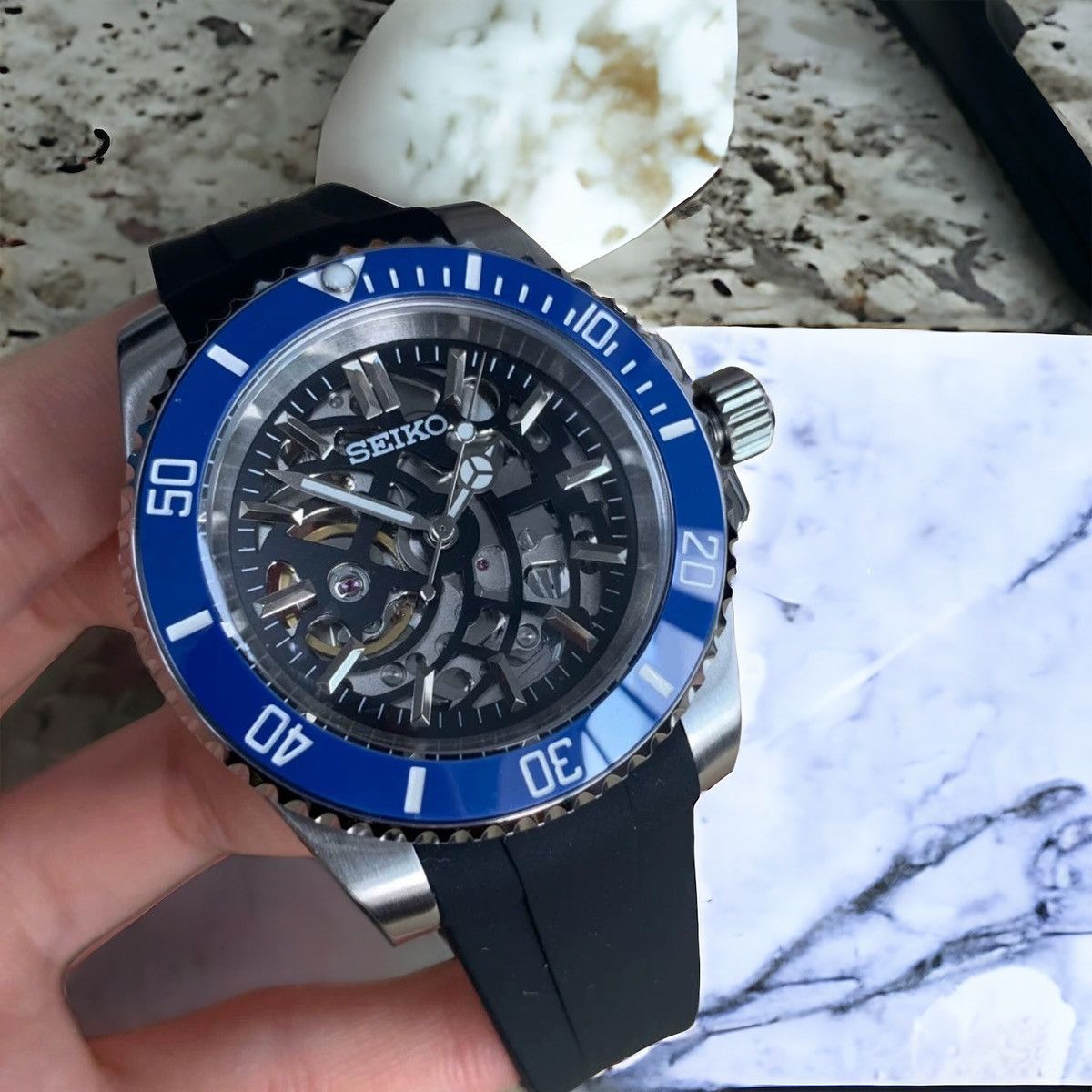 Japanese Brand × Seiko Seiko Mod NH35 Submariner Skeleton Blue Bezel ...