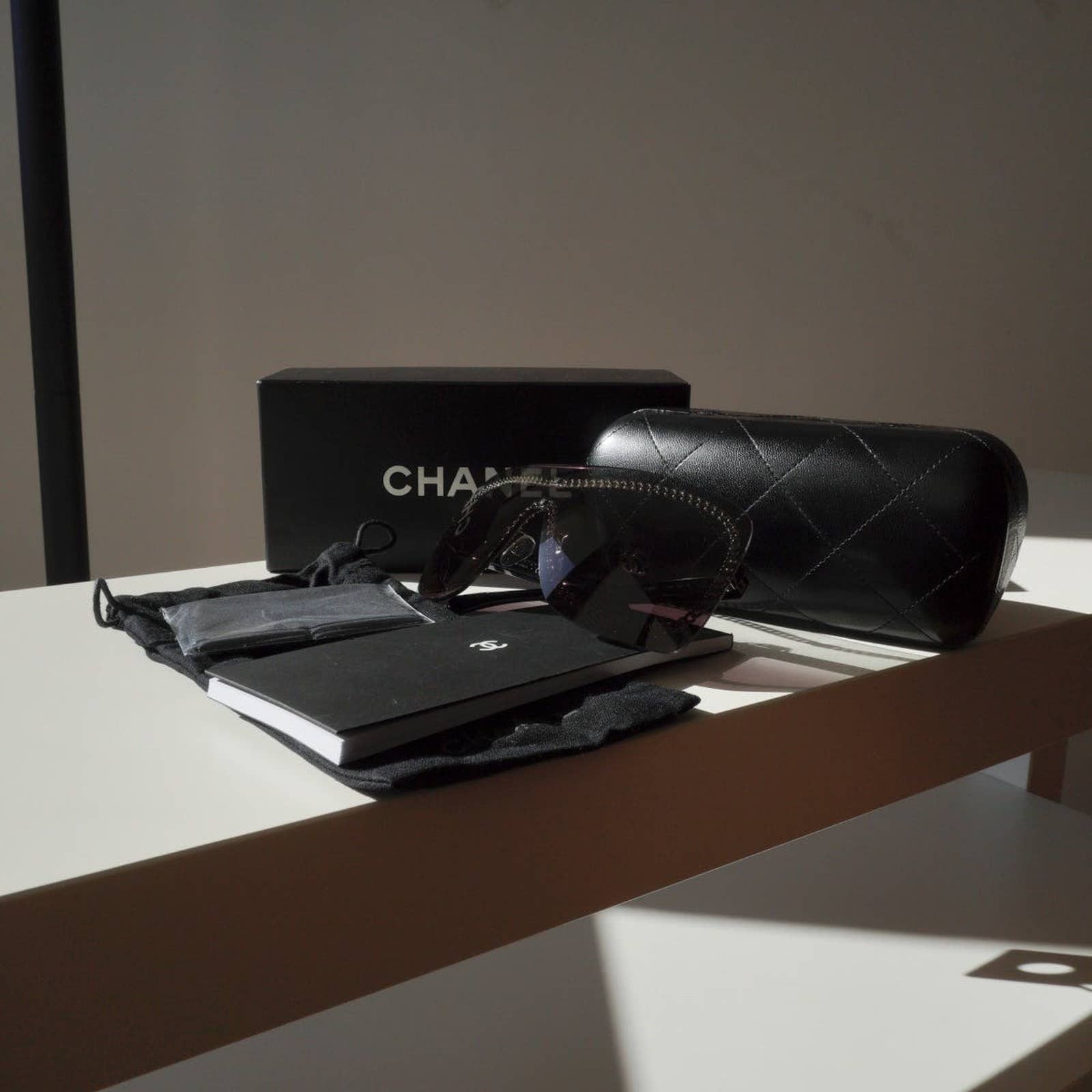 Chanel Chanel shield mask logo silver chain frame black sunglasses ...