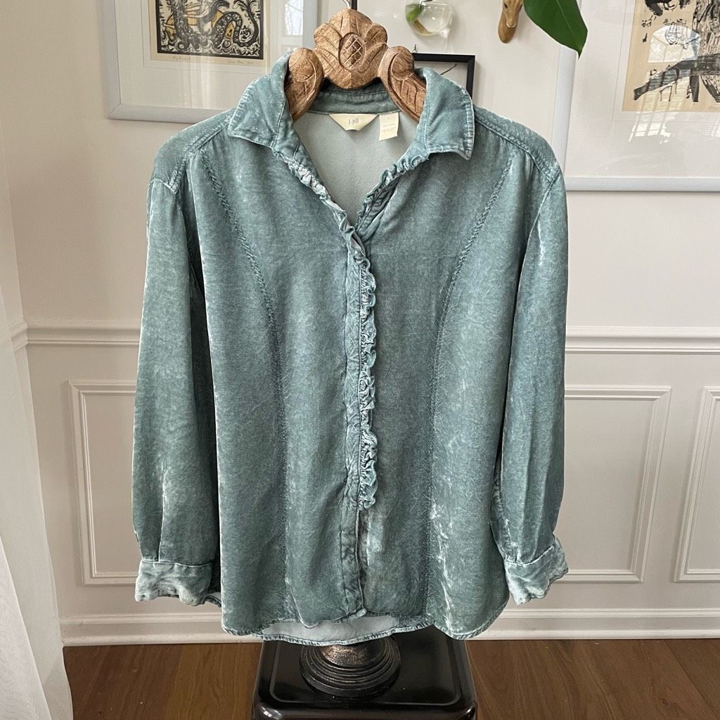 Other J Jill Moss Sage Green Velvet Ruffle Placket Button Up Shirt ...