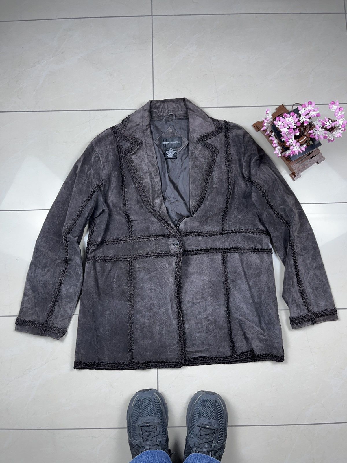 Vintage vintage cross stitch real leather suede avant garde jacket ...