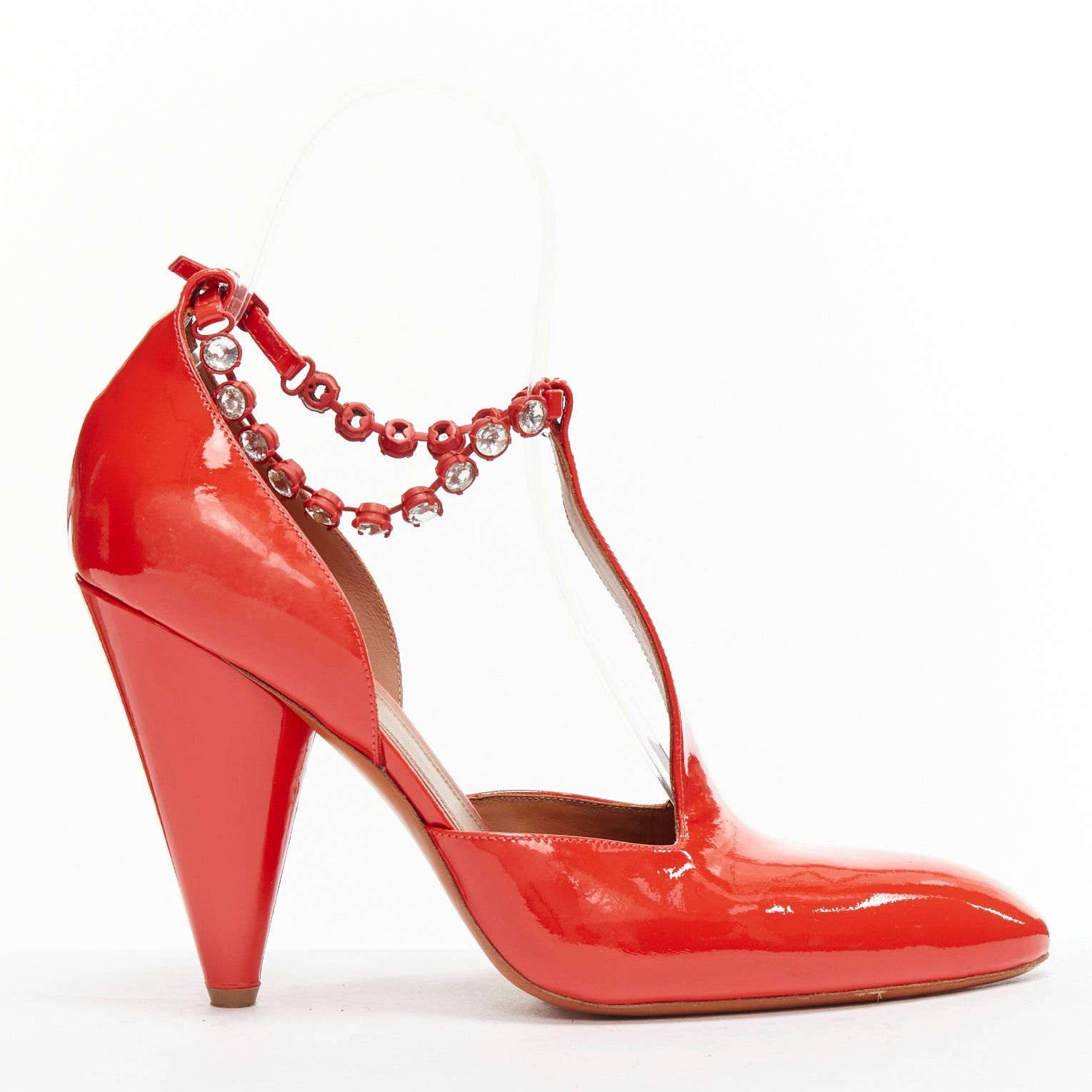 Celine OLD CELINE Phoebe Philo Tango red patent crystal t-strap heels ...