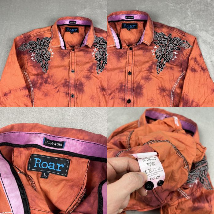 Roark Roar Embroidered Button Down Shirt Mens Large Orange Acid Wash ...