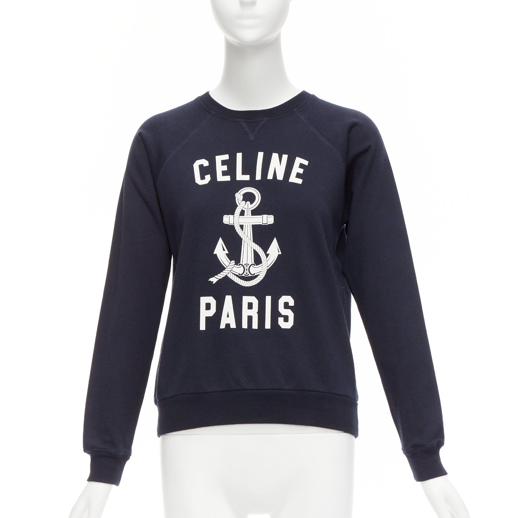 Celine CELINE Anchor navy cotton cashmere logo print crew long sleeve sweatshirt XS | Grailed