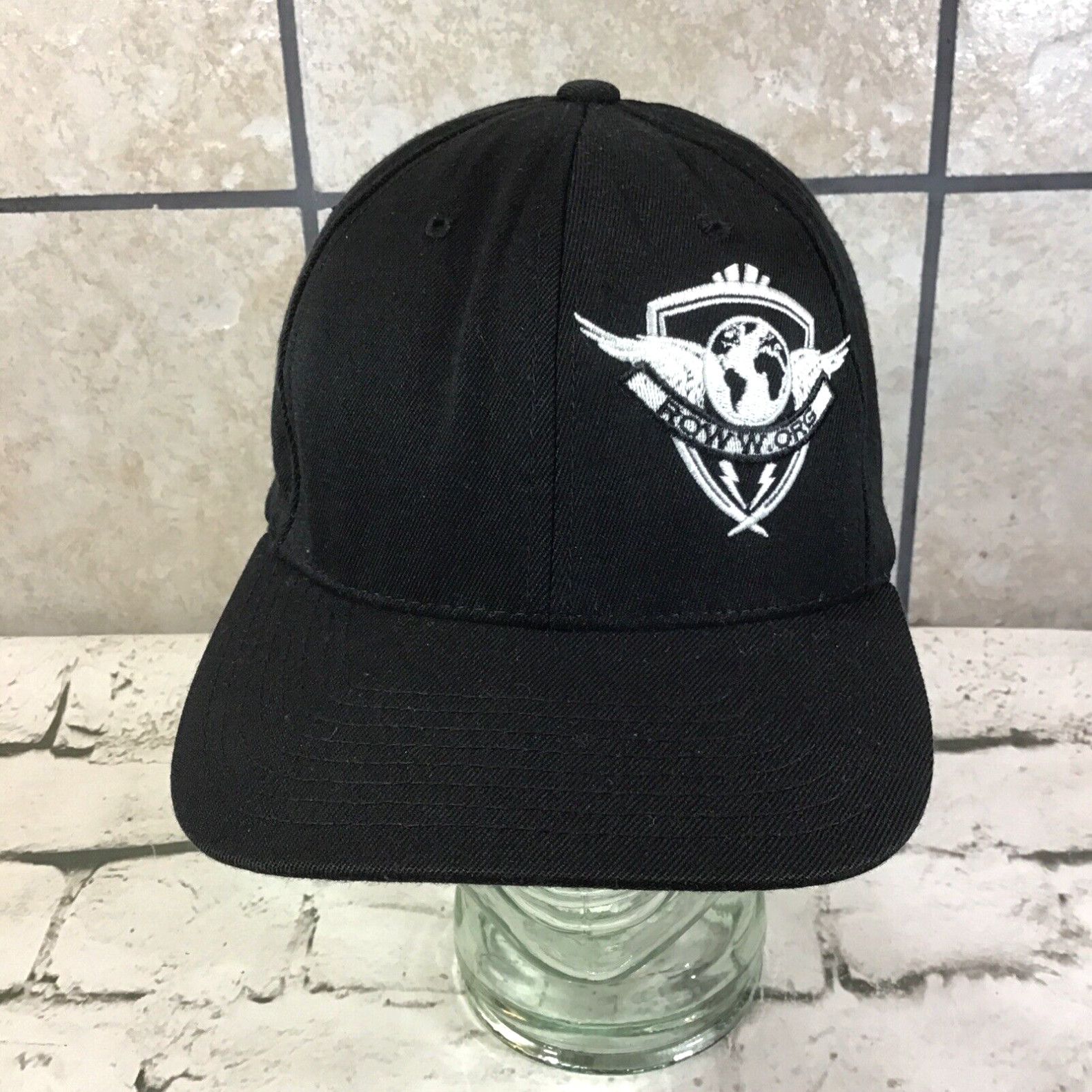 Vintage Flexfit Hat Mens L/XL Black Winged Globe Logo Fitted Yupoong ...
