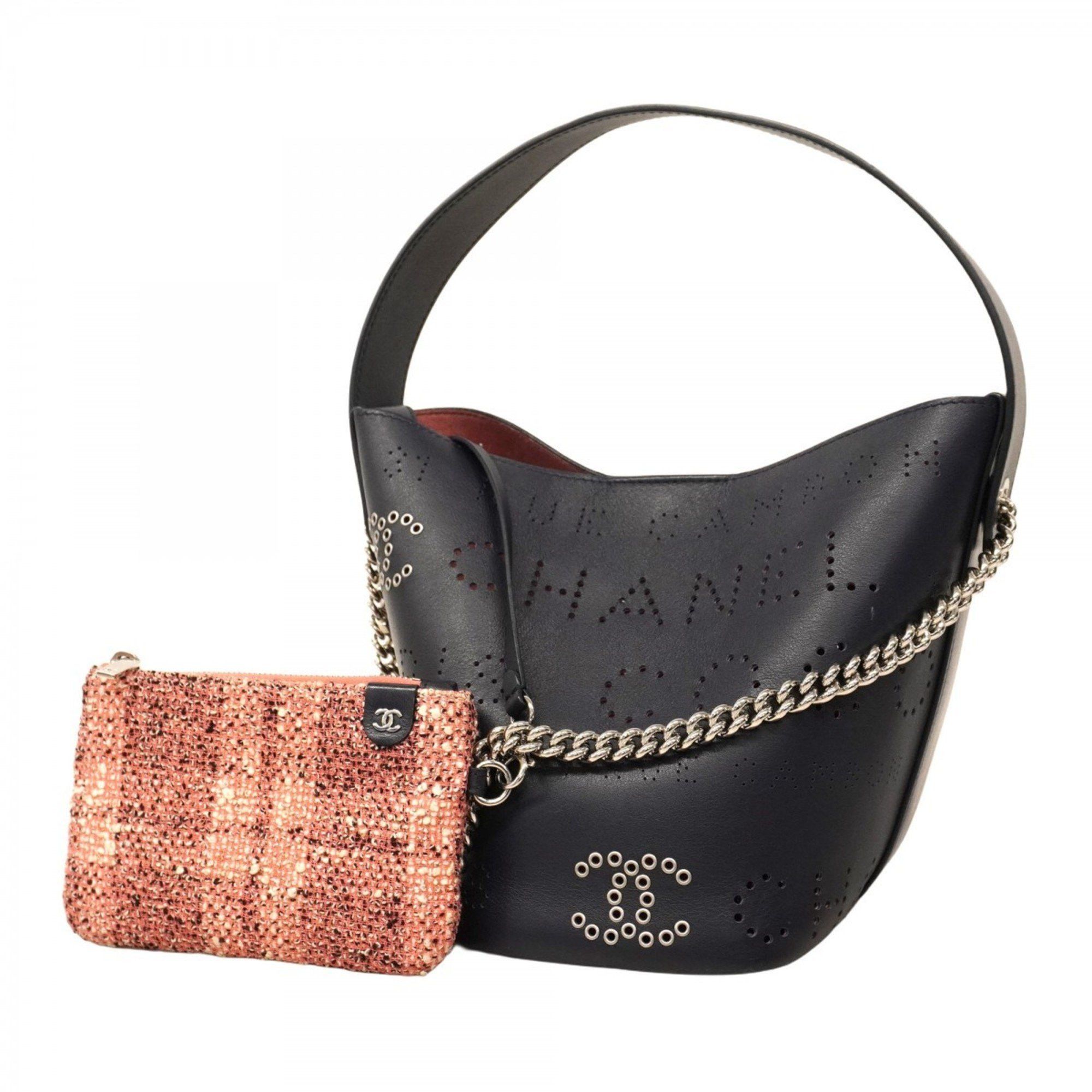 Chanel Chanel handbag, chain shoulder bag, punched leather, navy, 2-way ...