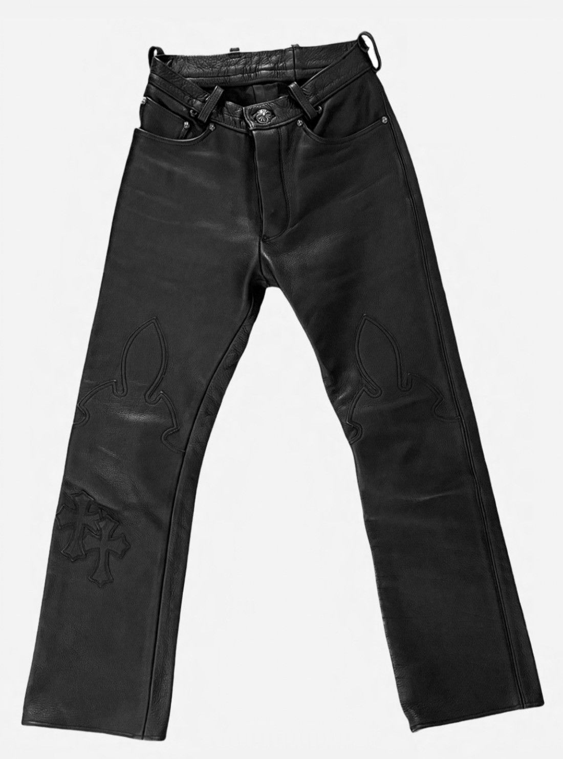 Chrome Hearts Chrome Hearts Black Leather Fleur Knee Pants with crosses ...