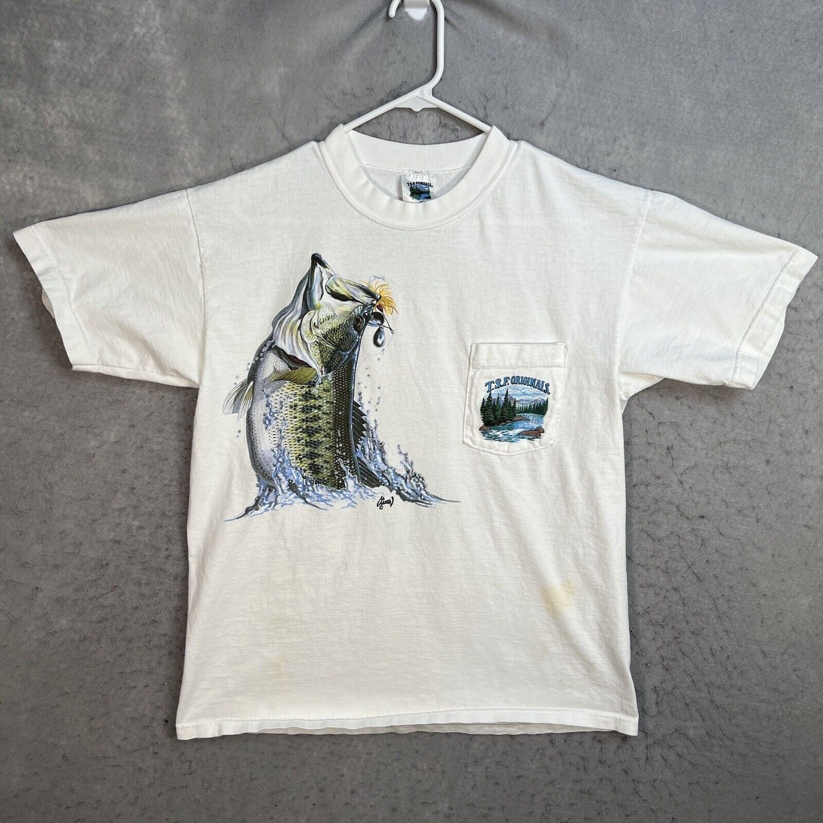 Vintage A1 Vintage 90s TSF Originals Fishing Fish Pocket T Shirt Adult ...