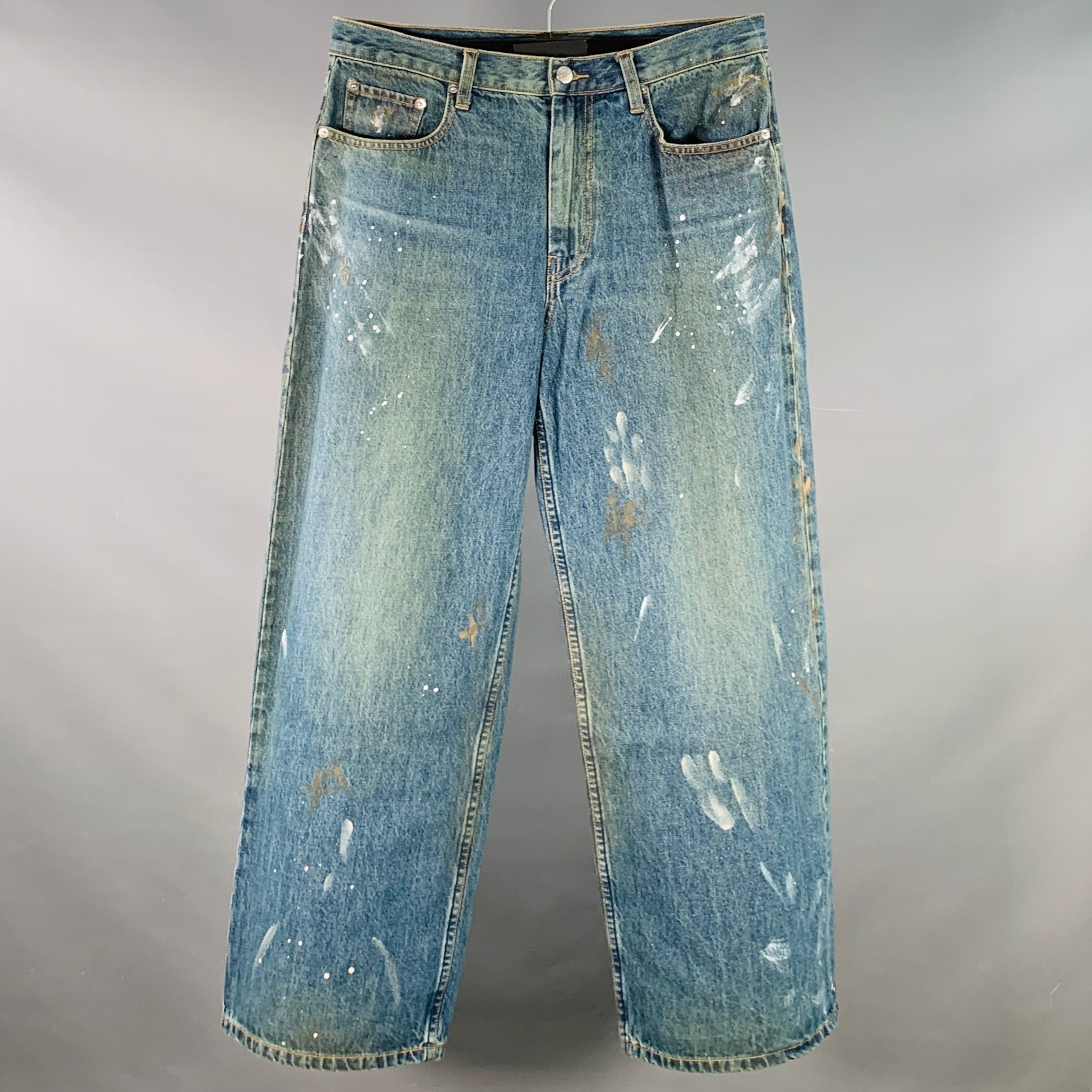 Helmut Lang 32 Cropped Wide Leg Blue Paint Splatter Cotton Adjustable ...