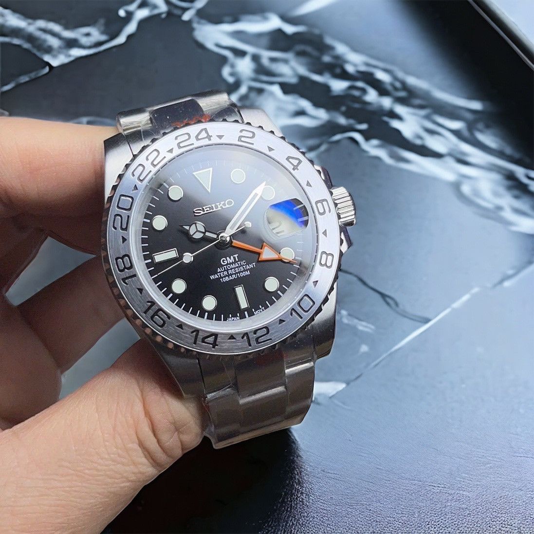 Custom Seiko Mod Explorer 2 GMT Steel black 41mm Watch | Grailed