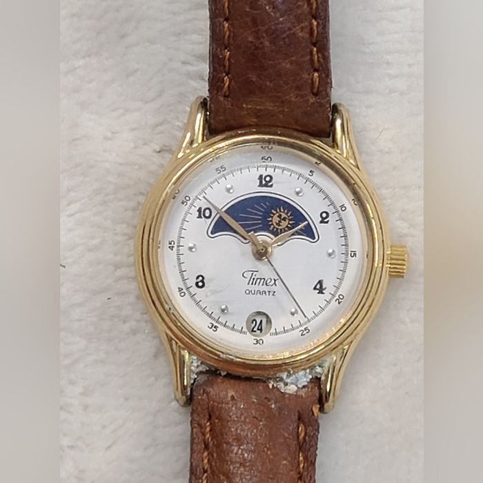 Timex Vintage Timex Women's Moon Phase Watch On Brown Leather Band ...