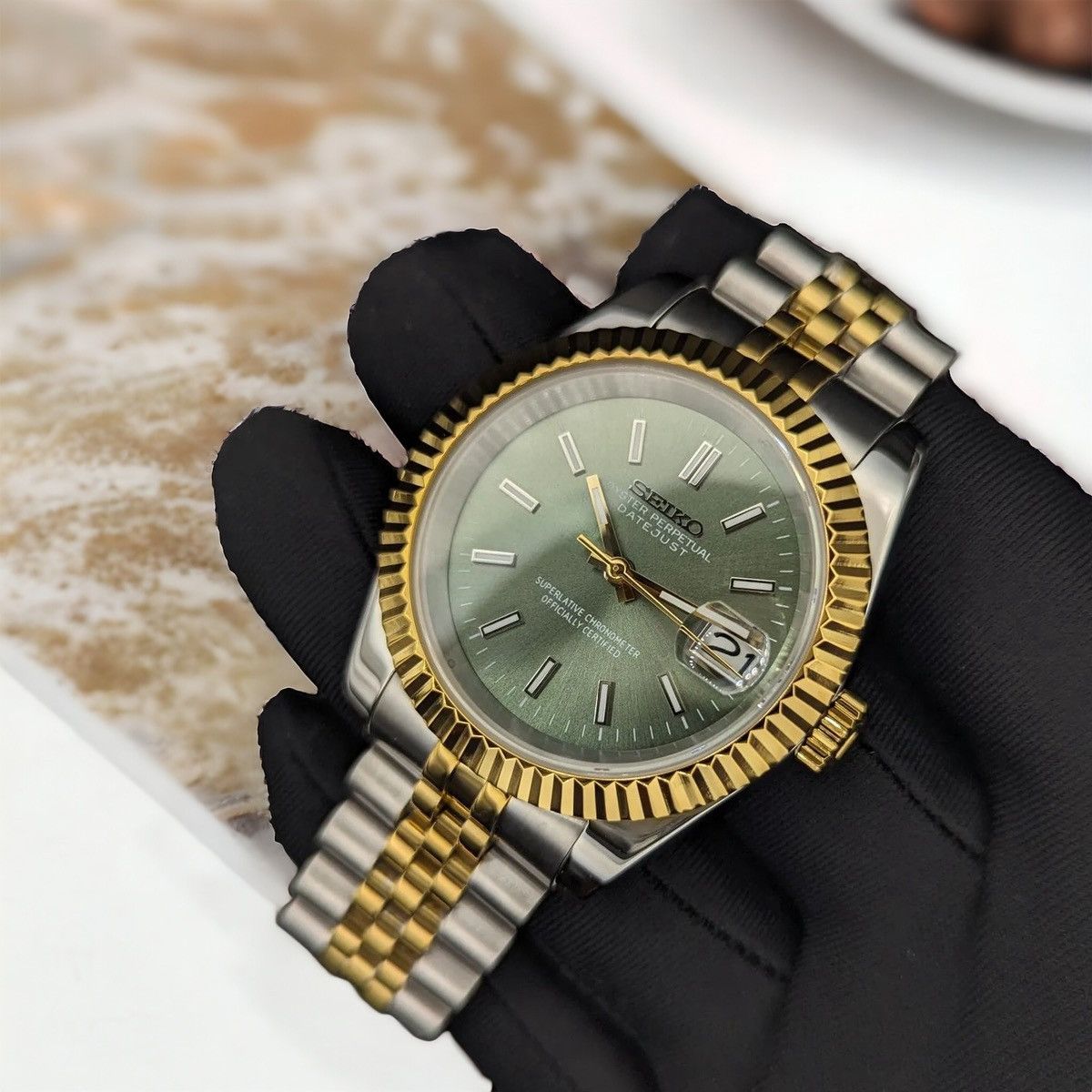 Japanese Brand × Seiko Seiko Mod Datejust Olive Dial Gold Steel Jubilee ...