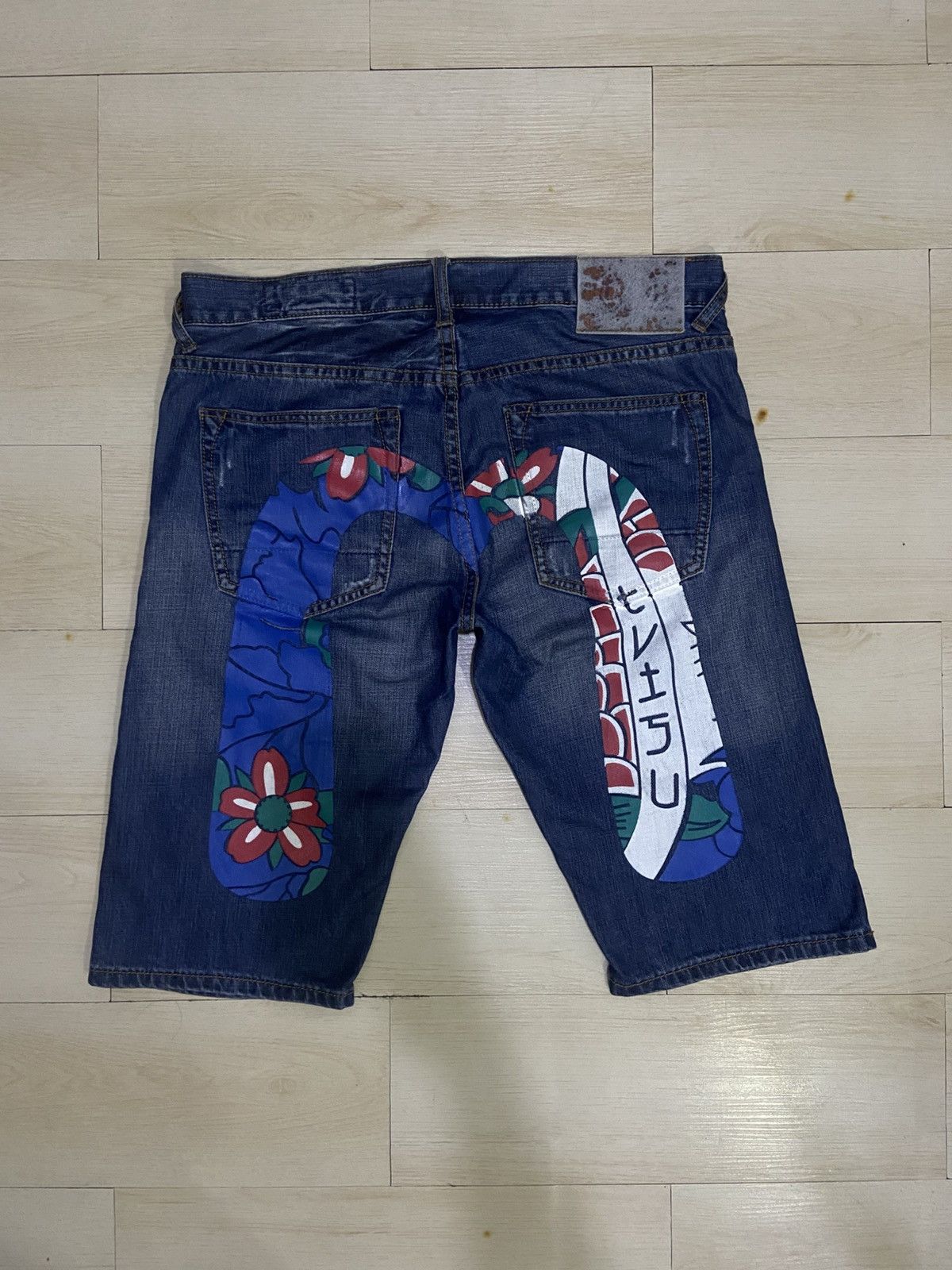 Evisu × Japanese Brand × Vintage Vintage Evisu Flower Logo Jorts Denim ...