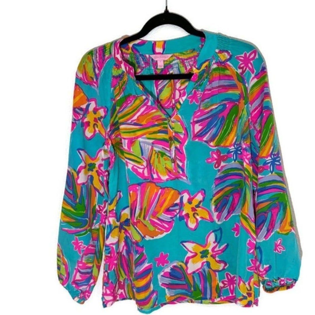 Lilly Pulitzer Lilly Pulitzer Elsa Silk Floral Top Womens Sea Blue