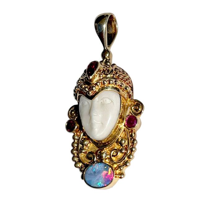 Vintage 18K Gold Sajen Goddess Face PENDANT 1.75” Amethyst Blue Opal ...