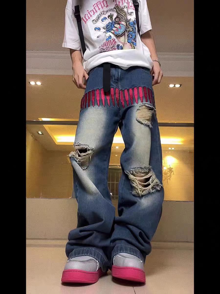 Japanese Brand × Jean Street hip hop bullet embroidery ripped wide leg ...