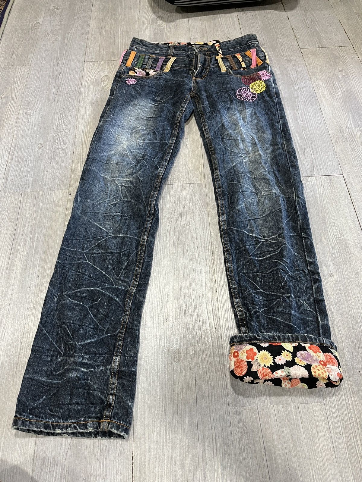 Japanese Brand × Streetwear × Vintage RARE JEANS Double Waist Flower ...