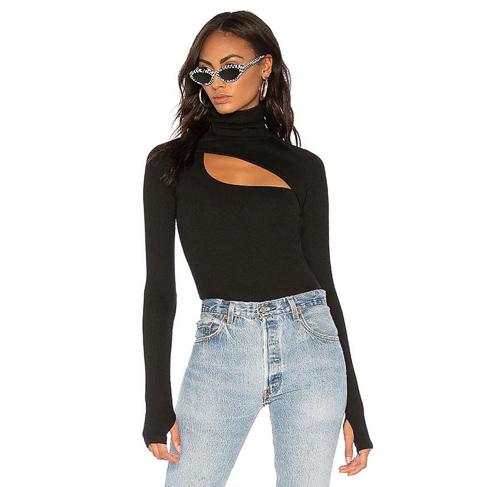 ALIX NYC Alix NYC M Carder Cut Out Turtleneck Ribbed Bodysuit Black ...