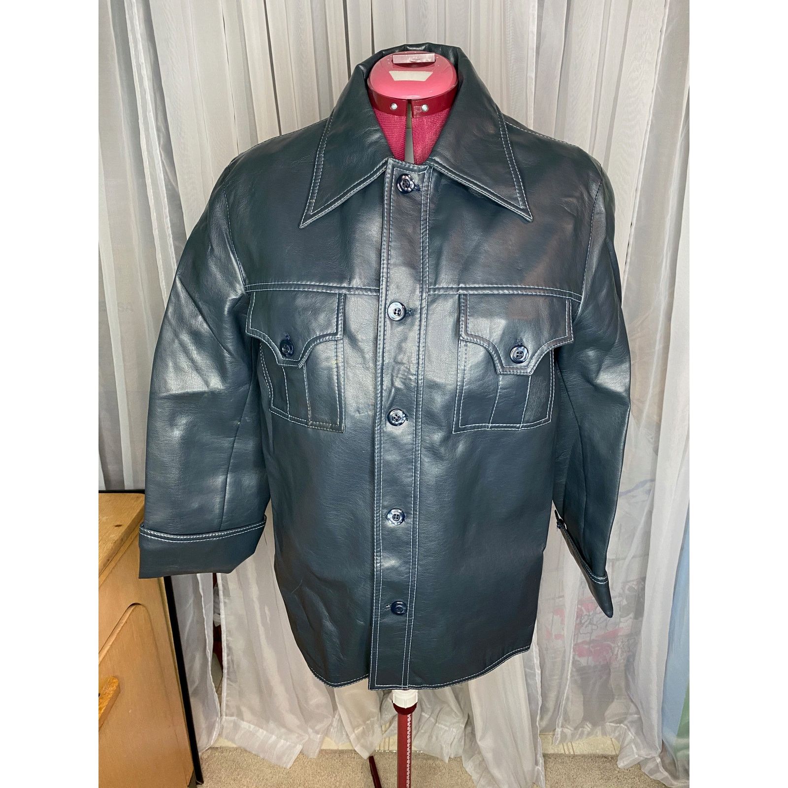 Jc Penney Vegan leather spy style Jacket gun metal gray blue vintage ...