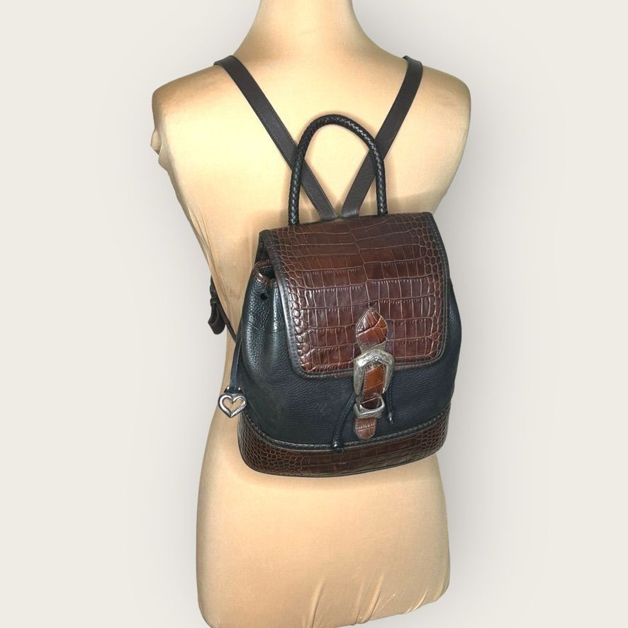 Brighton Vintage Brighton Leather Backpack Black Brown Croc Silver Bu | Grailed