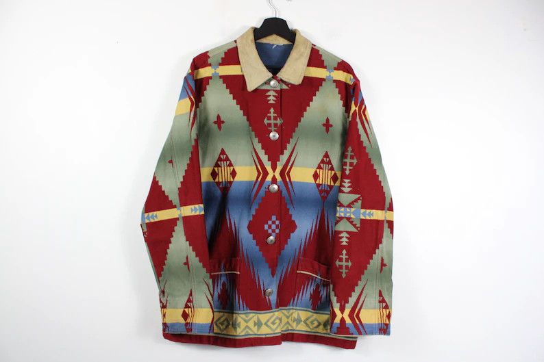 Navajo × Vintage Aztec-Navajo Barn-Field-Jacket / Carpenter Chore Coat ...