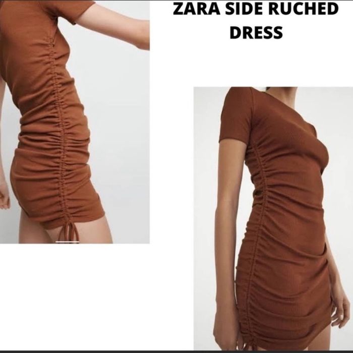 Zara ZARA Ruched Short Ribbed Tee Shirt Tie Mini Dress Rust Brown | Grailed