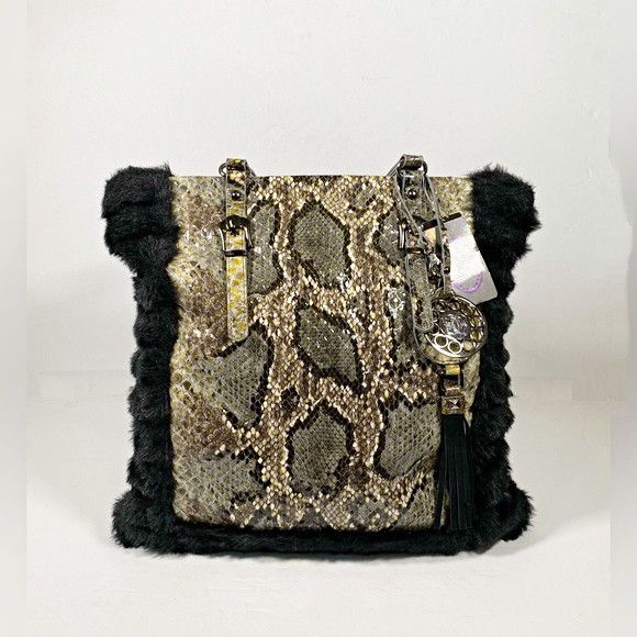 Vintage Sharif 1827 New York Snakeskin Patent Leather Fur Tote Bag ...