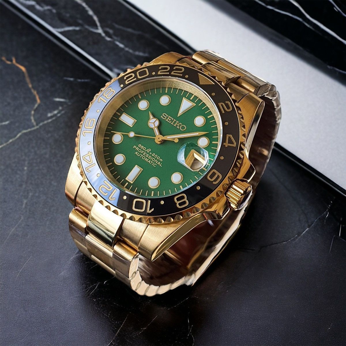 Japanese Brand × Seiko Seiko Mod GMT Master 2 Gold Green Dial 41mm ...