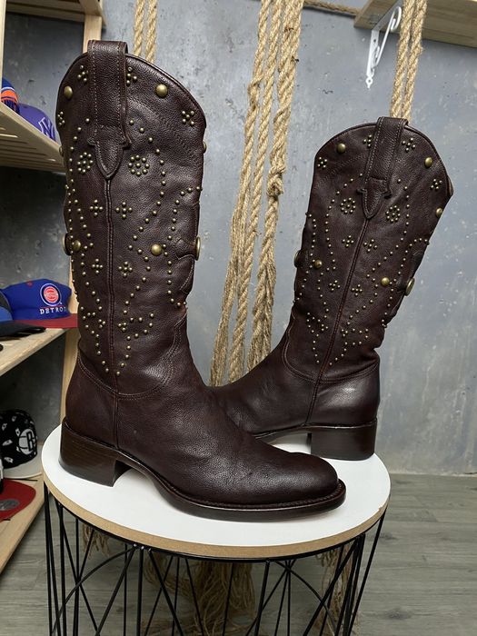 Italian Designers SARTORE PARIS Brown Studded Calfskin Leather Boots ...