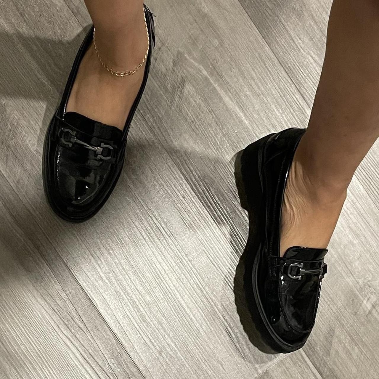 Vintage Black patent platform loafers with silver hardware | Grailed