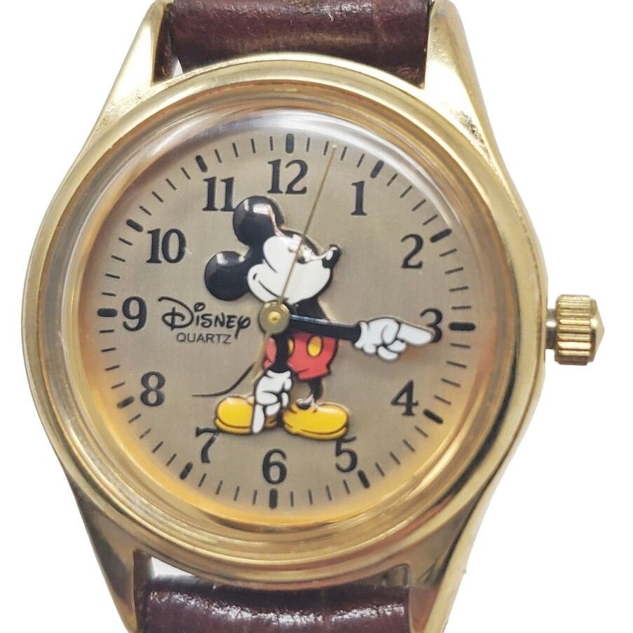 Disney Disney Mickey Mouse Gold Toned Analog Watch Brown Leather | Grailed