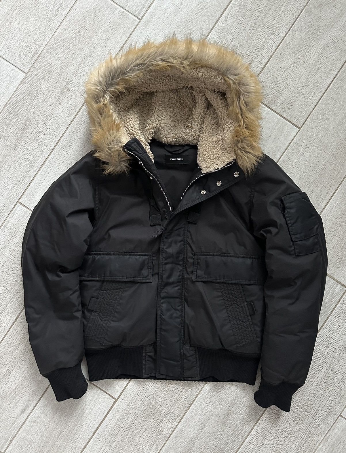 Diesel × Streetwear Y2K DIESEL FUR HOOD BOMBER PUFFER JACKET JAPANESE ...