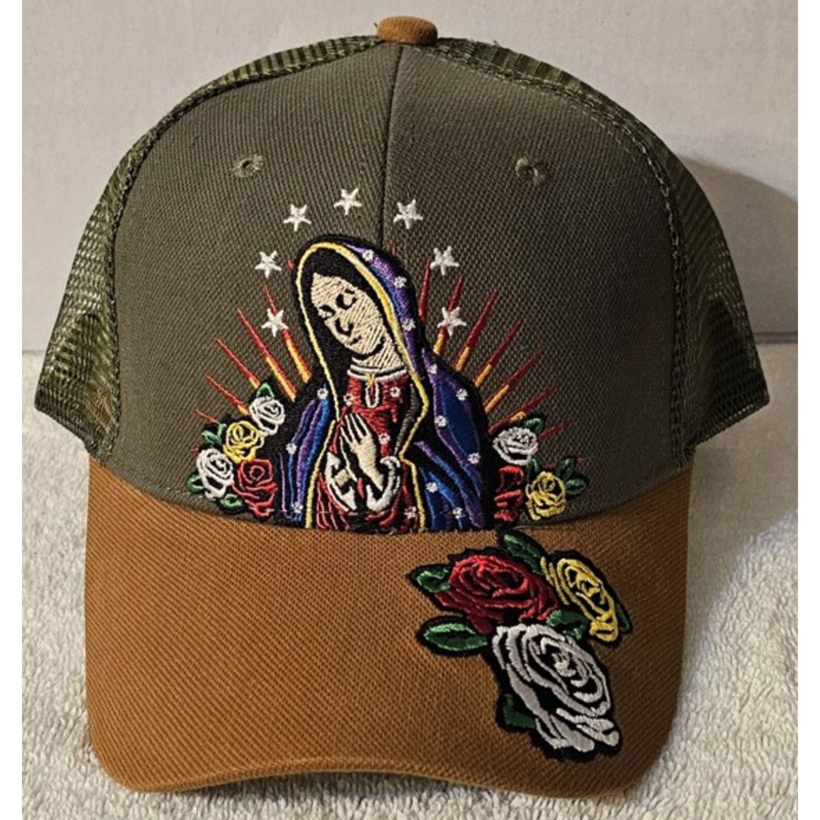 Vintage GUADALUPE VIRGIN MARY FLOWER ROSE RELIGIOUS SNAPBACK MESH BACK ...