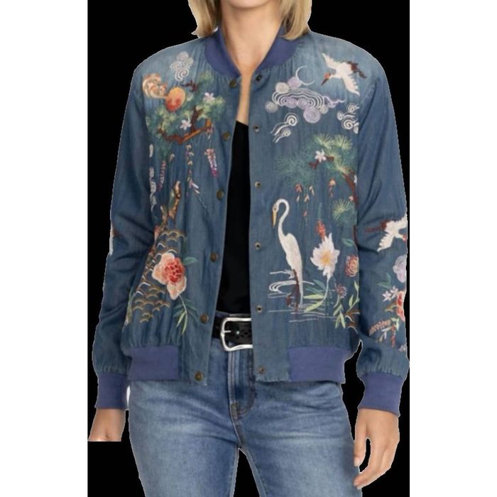 Johnny Was Silk Lined Heron Bomber Jacket In Vintage Denim Blue | Grailed