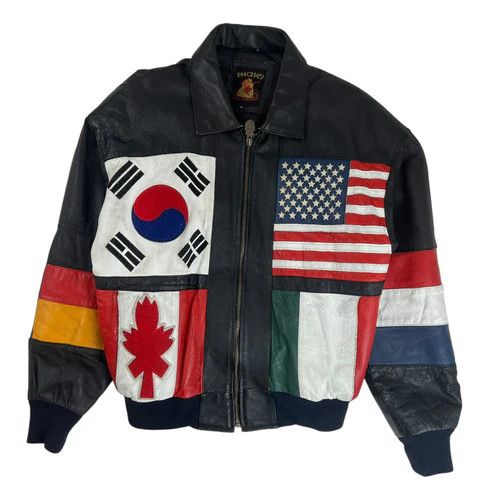 Vintage Vintage Flags Of The World Leather Jacket Black | Grailed