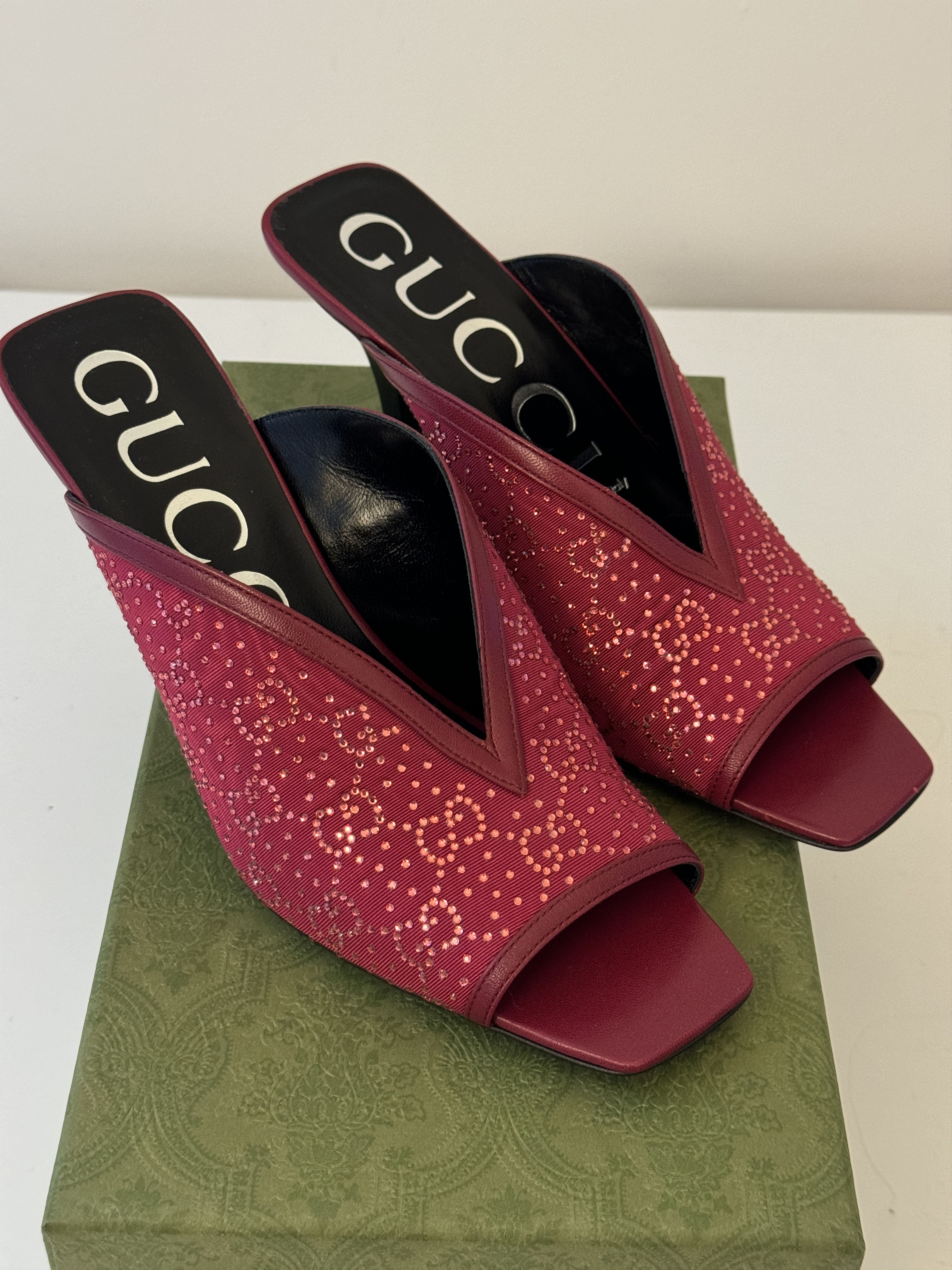 Gucci size 38.5G - Gucci GG Crystal Heeled Sandal Cherry Red slide ...
