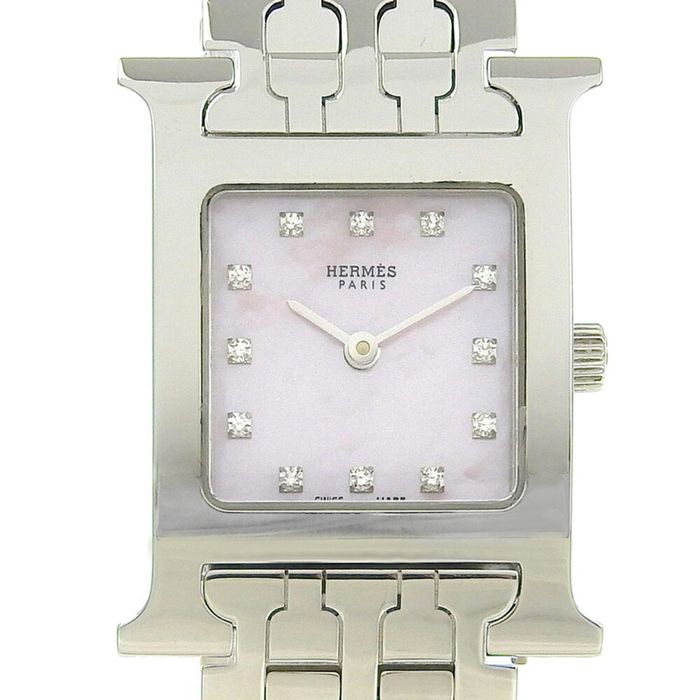 Hermes HERMES H Watch Ladies Quartz Battery Pink Shell Dial 12P Diamond ...